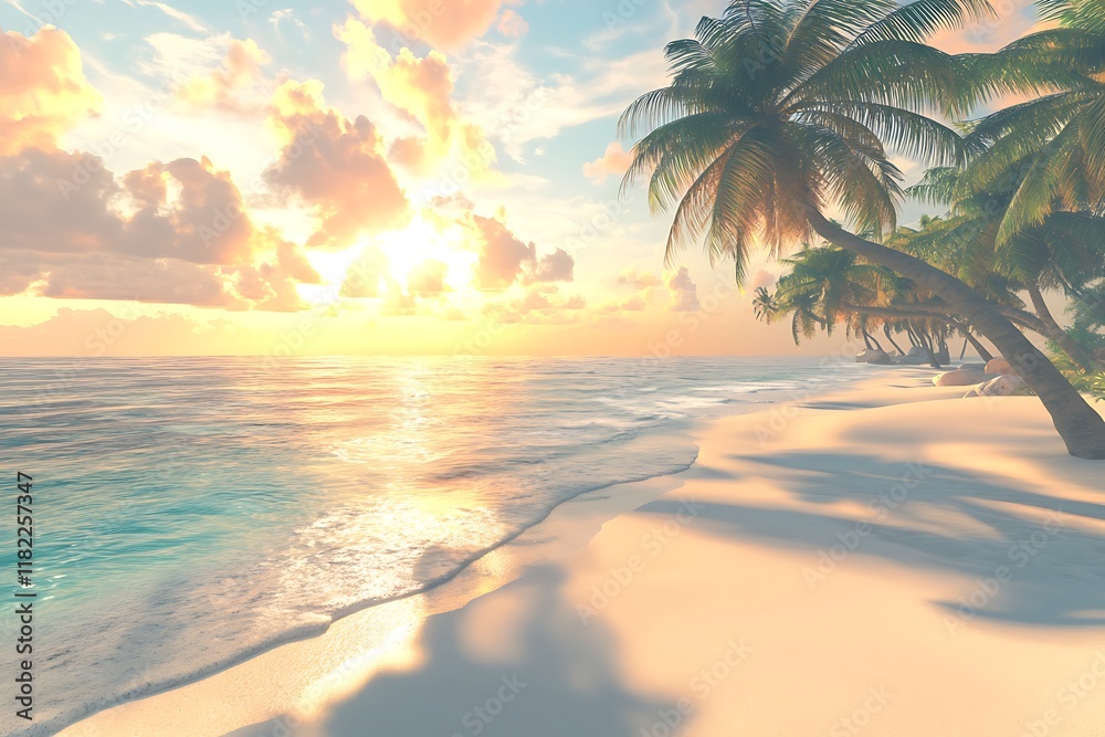 Serene Tropical Sunset Beach Scene, Sunset beach scene with palm trees ...