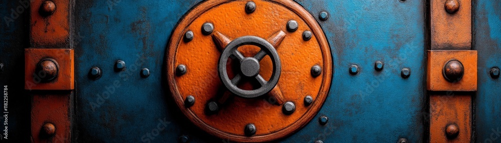 Steampunk Vault Door: A close-up shot of a weathered, teal-blue vault ...