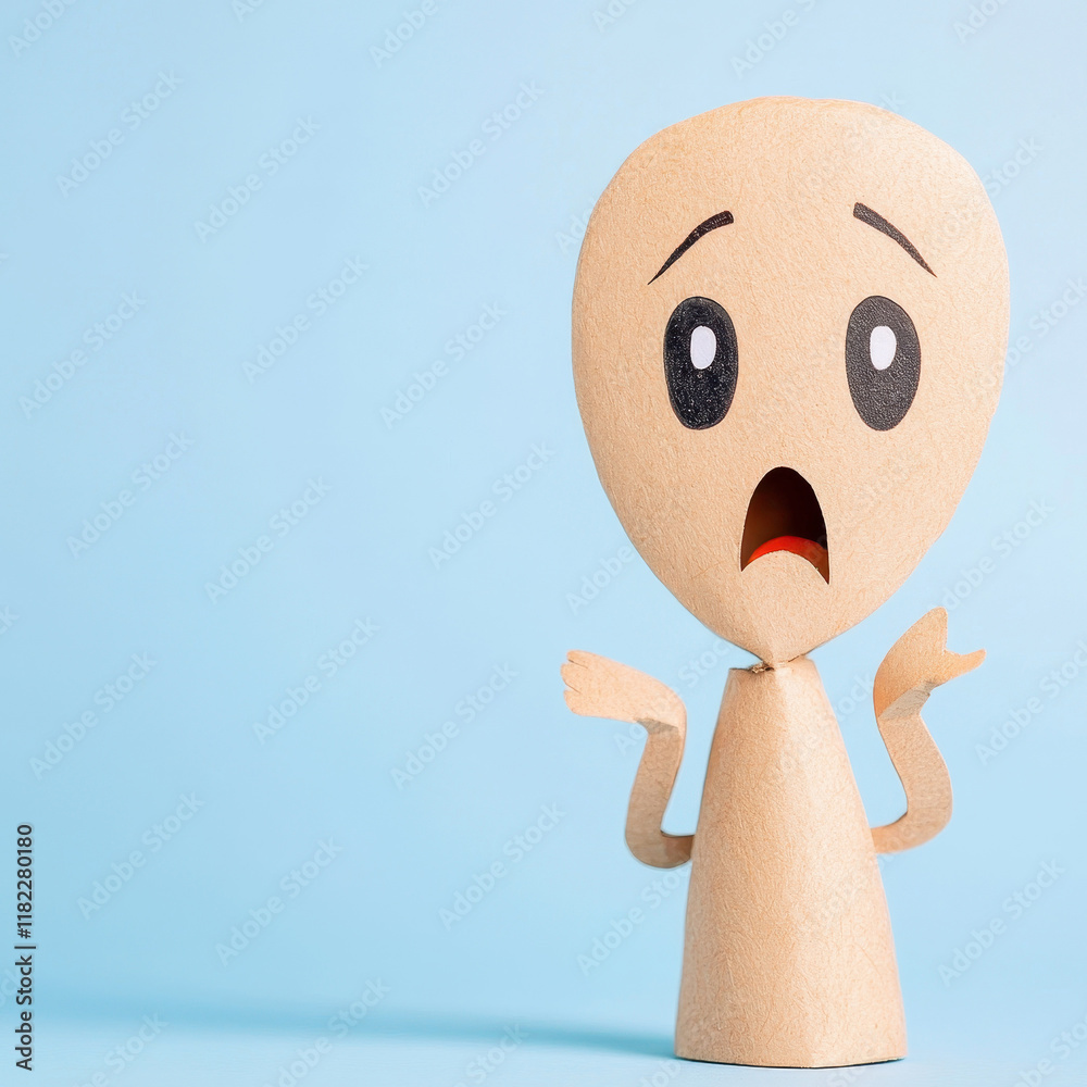 Cartoon paper figure with surprised expression set on a blue background ...