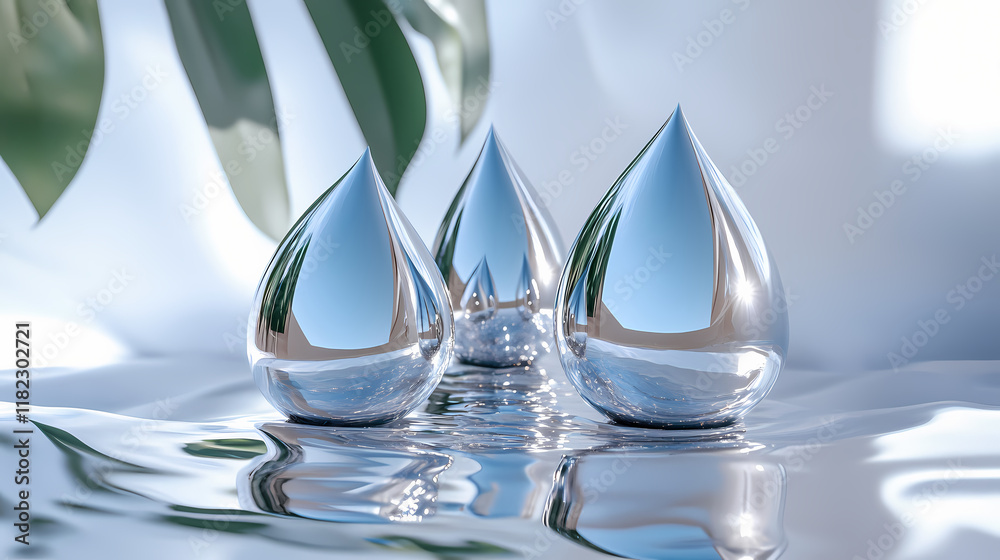 A composition featuring three chrome teardrop shapes with a high ...