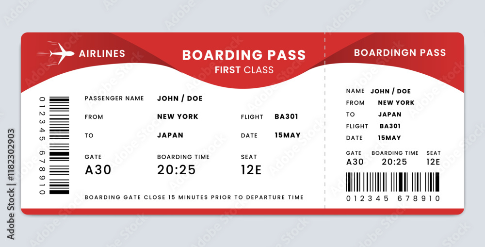 Red and white airplane ticket design. First class airline boarding pass ...