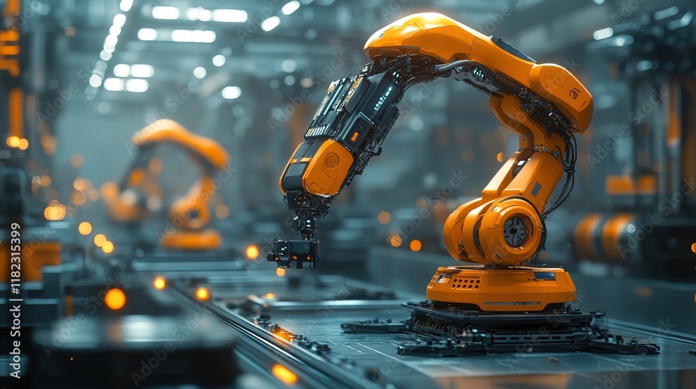 AI-powered robot assisting workers in a futuristic manufacturing ...