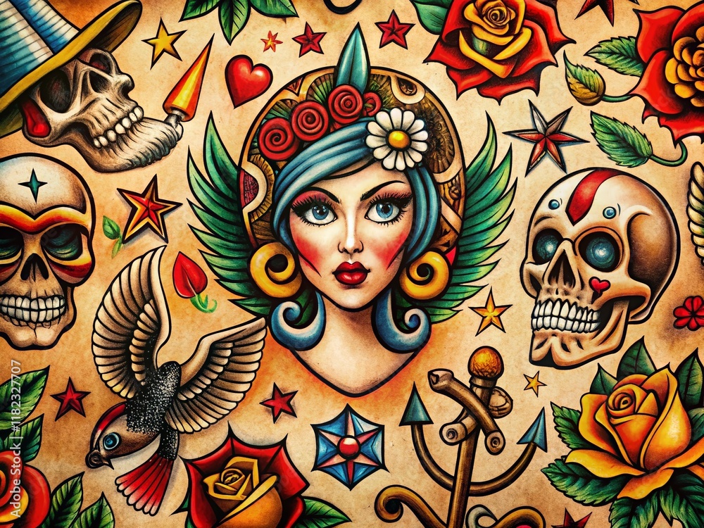 Vintage Tattoo Flash Sheet: Classic American Old School Tattoo Designs ...