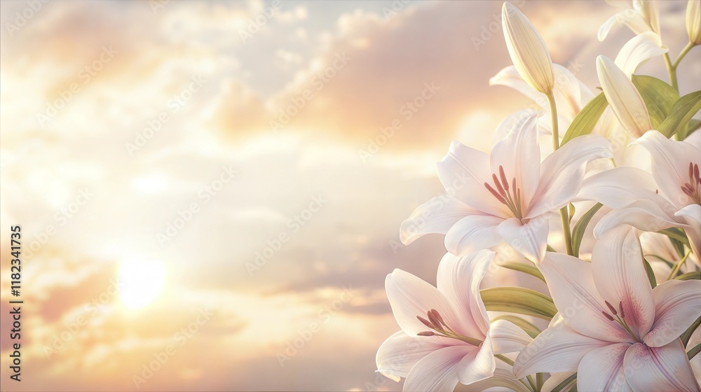 Funeral Mockup Background with Text Space, Sunset Sky and Lilies Stock ...