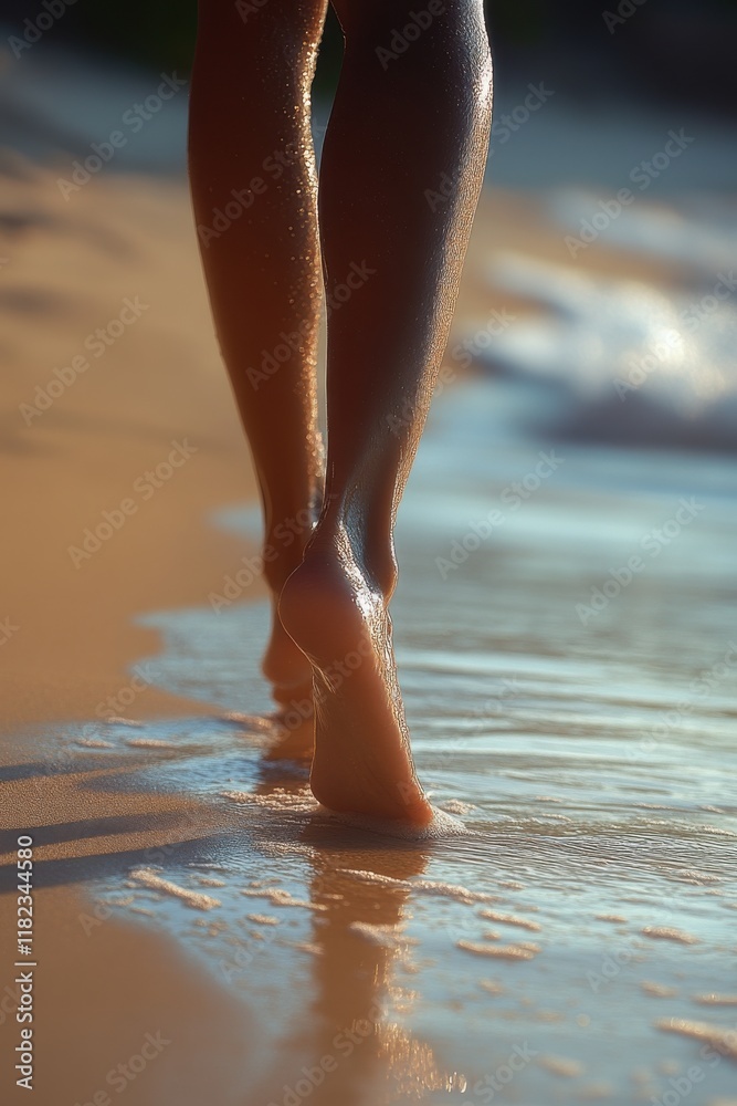 Walking along the shore at sunset with soft waves gently lapping against bare feet in warm ...