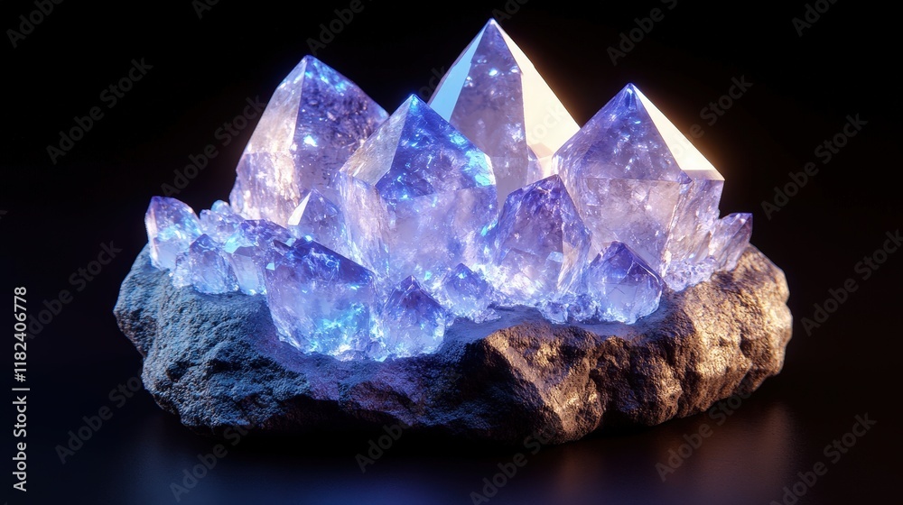Mesmerizing blue crystals emerge from a dark rock. Ideal for fantasy ...