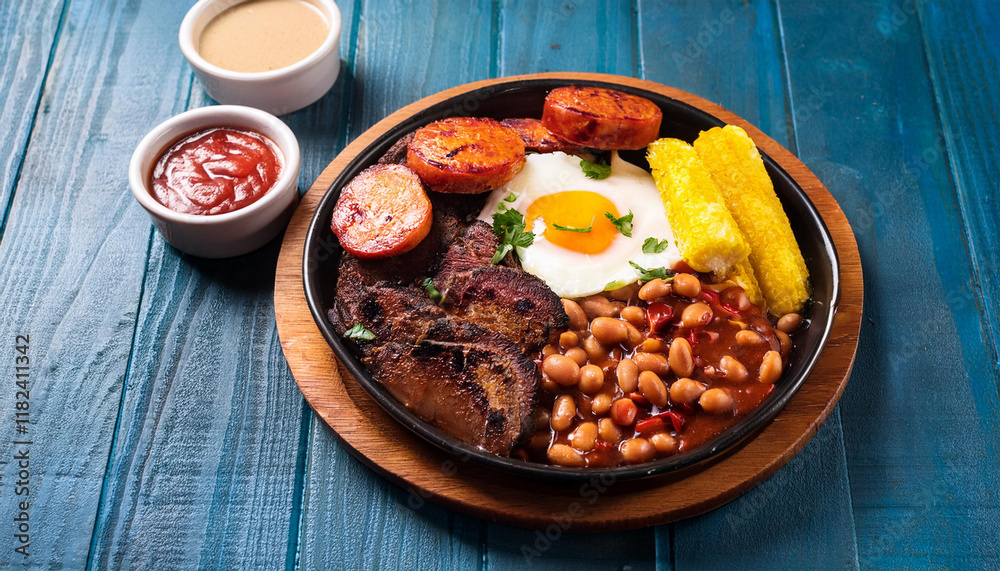 plato tipico bandeja paisa chorizo morcilla huevo frito chicharron ...