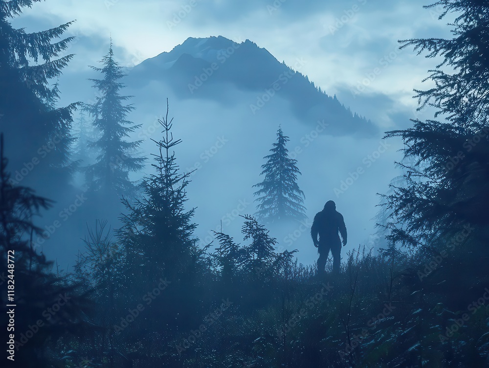mysterious bigfoot silhouette captured at dawn in misty pacific northwest forest with mountain ...