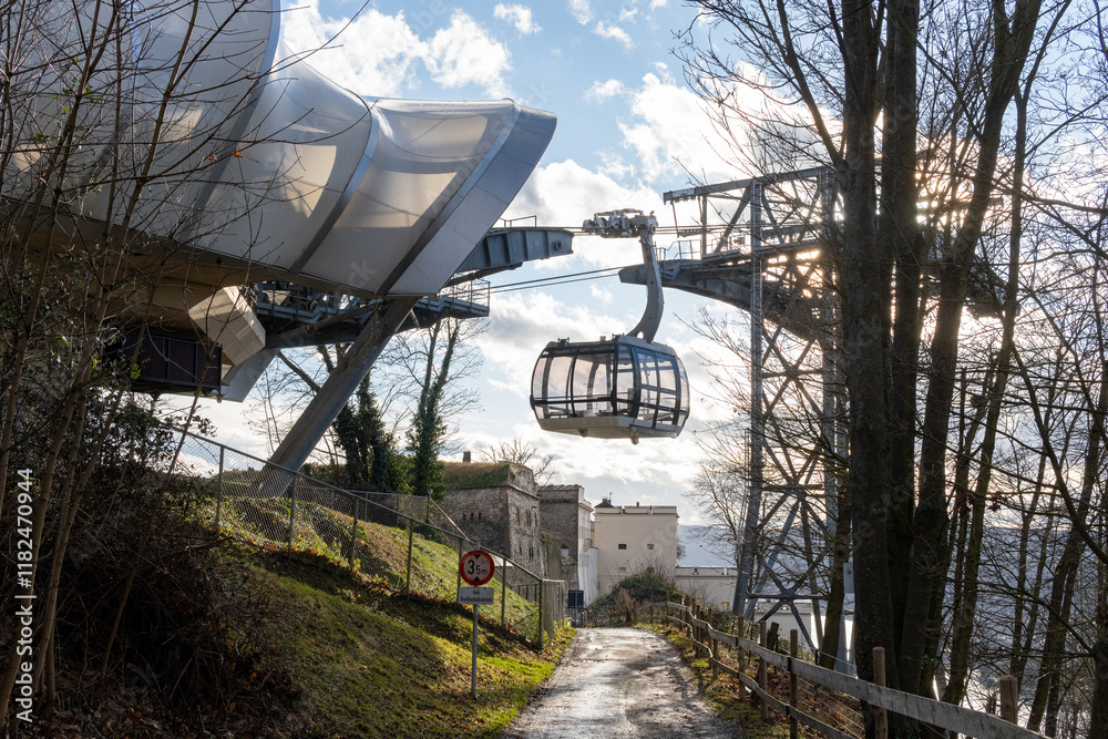 Modern cable car gondola station in a scenic natural setting ...