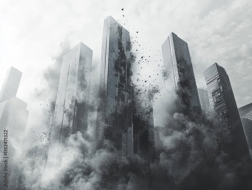 urban demolition scene of modern glass skyscrapers with dramatic smoke ...
