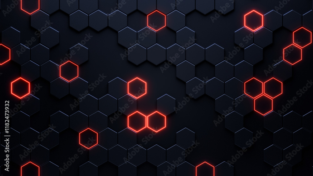 Abstract black and red futuristic background with hexagon pattern. 3d ...