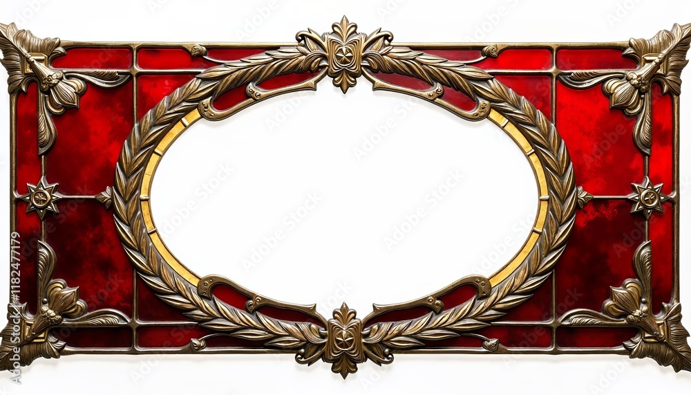 Regal stained glass frame with laurel and medal patterns on a white ...