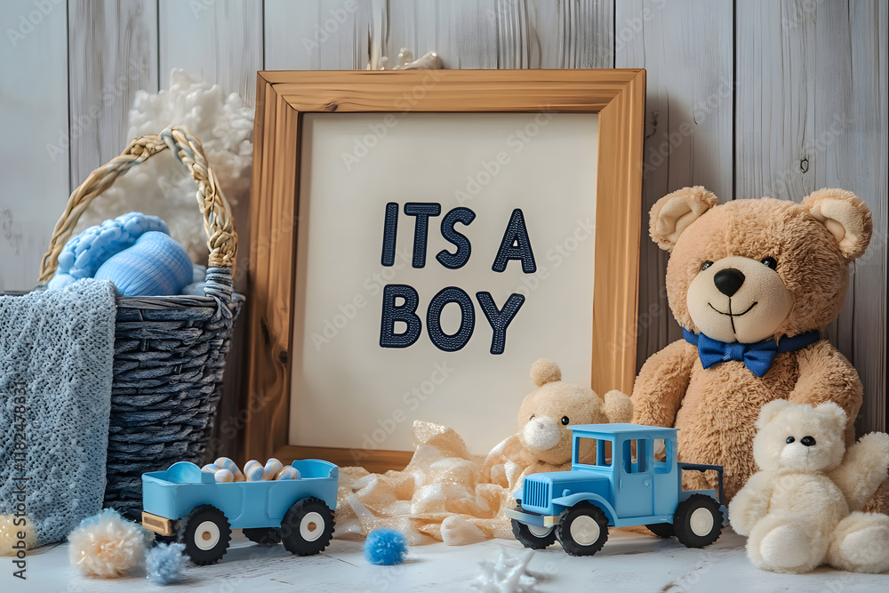 It's a boy new born baby text on sign board with cute little blue ...
