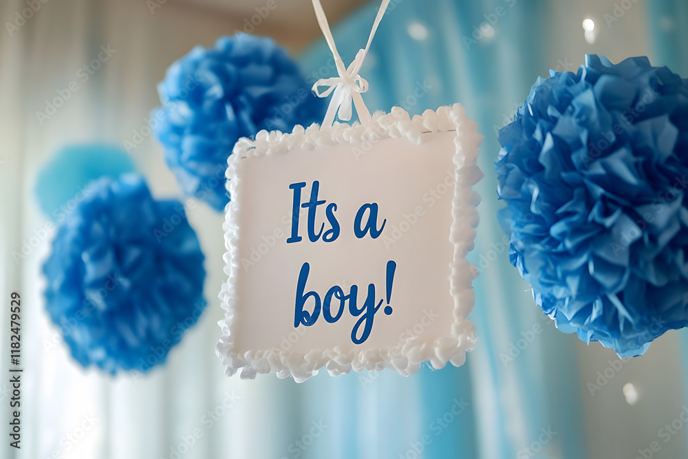 It's a boy new born baby text on sign board with cute little blue ...