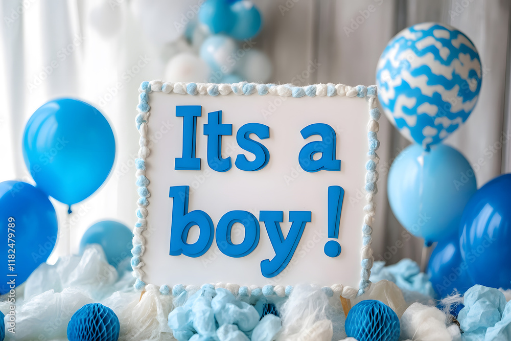 It's a boy new born baby text on sign board with cute little blue ...