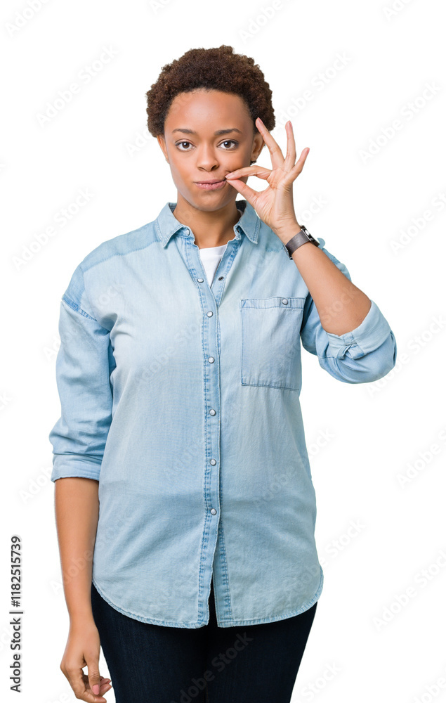 Young beautiful african american woman over isolated background mouth ...