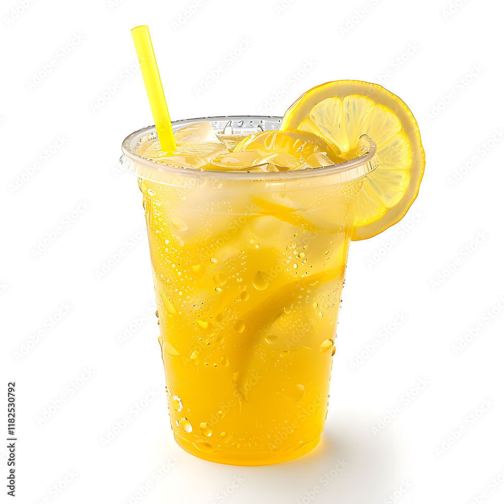 Iced lemonade in a plastic cup with straw and lemon slice isolated on ...