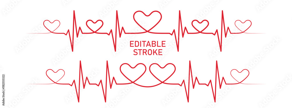 Editable stroke abstract heart diagram line art set with hearts, red ...