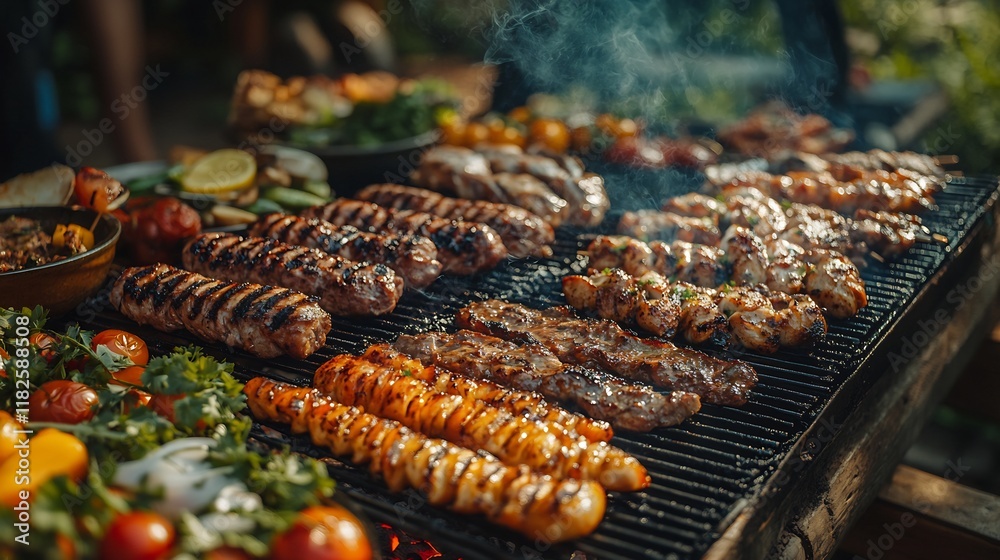 ai art of backyard party guests gathered around grill with sizzling ...
