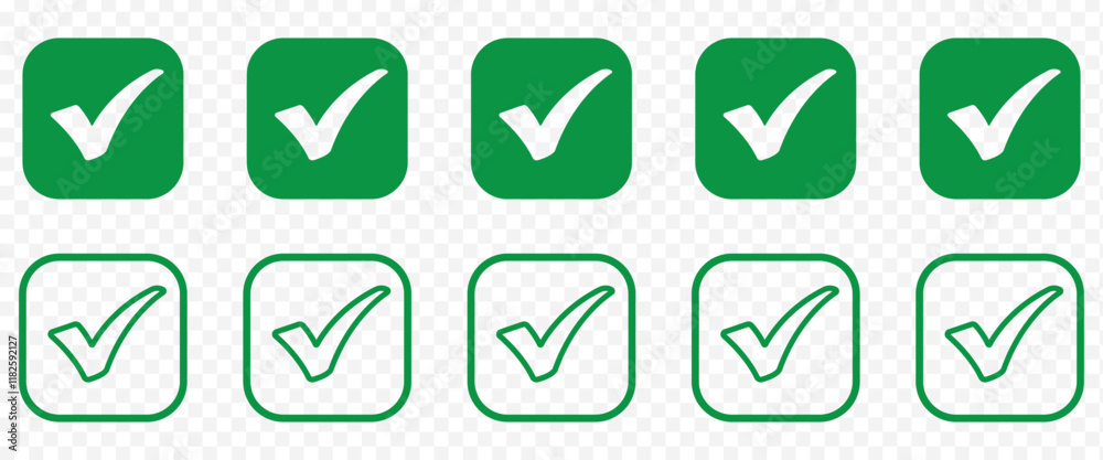 Green check mark and red cross icon set, circle, and square. Tick ...