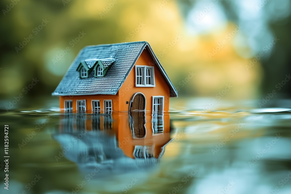 Photo Stock Miniature house on water surface symbolizes flooding ...