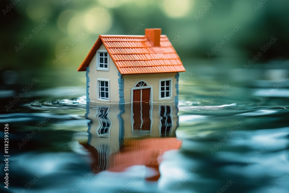 Stock-Foto „Miniature house on water surface symbolizes flooding ...