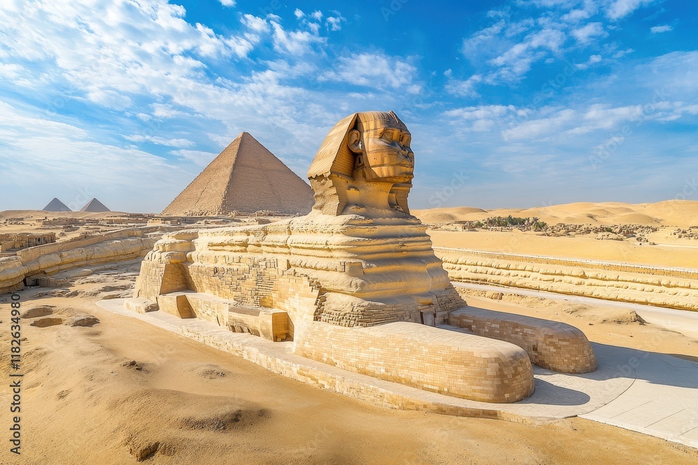 Giant Sphinx of Giza basking in the sun with majestic pyramids in the ...