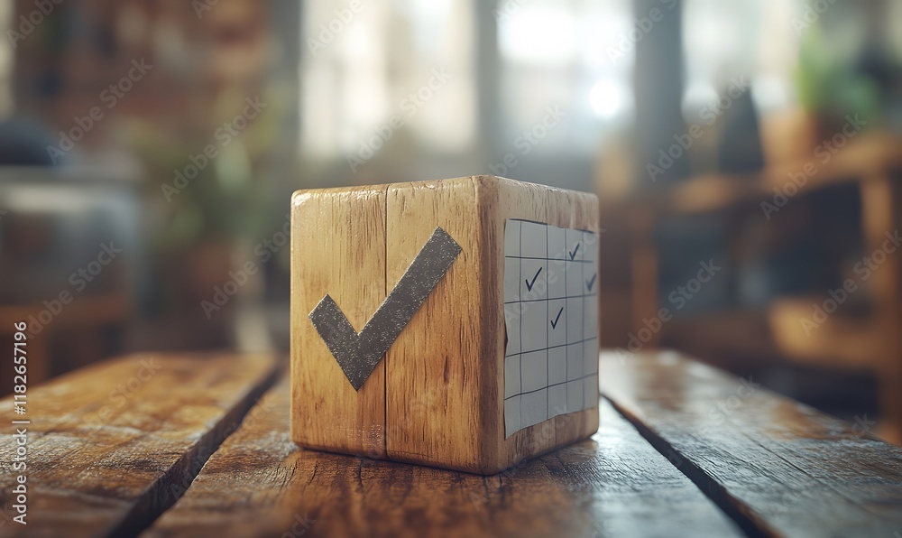 The wood cube with a check mark partially obscured by an overlay of ...