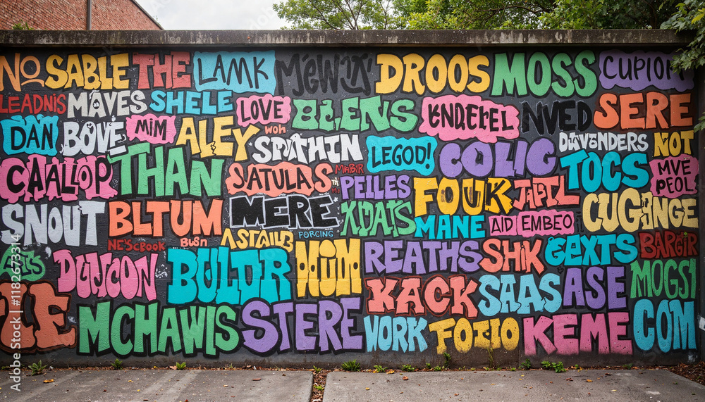 Colorful graffiti wall with names in urban alley, street art culture ...