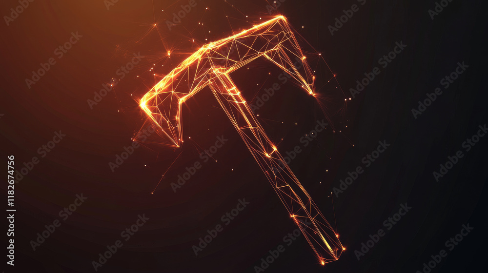 Hologram pickaxe. A pickaxe of polygons, triangles of points and lines ...