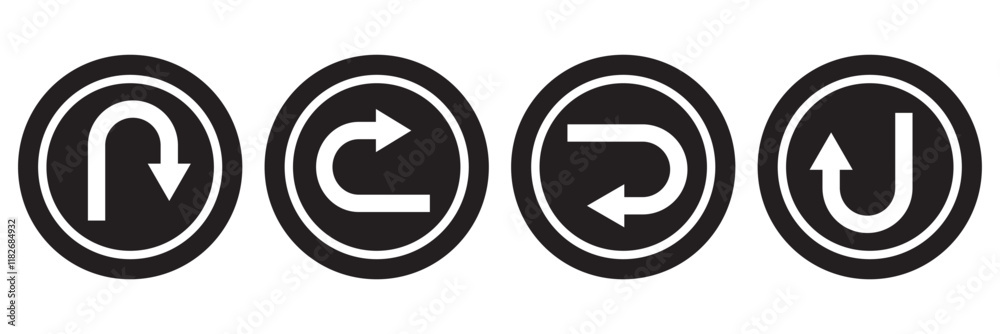 Black U turn return arrow icon, simple vector u turn shape pointer flat ...