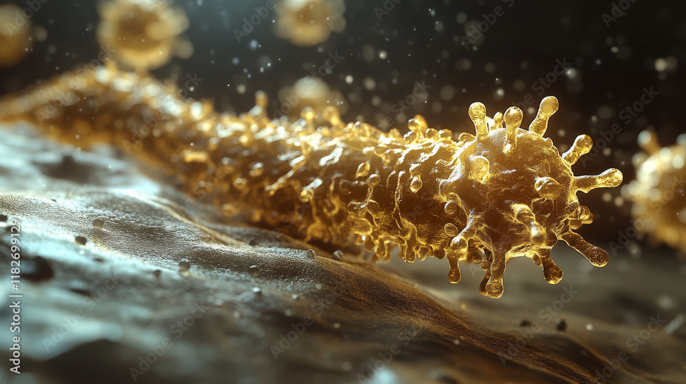 Bacteria 3D render. Cylinder virus gold style. View under a microscope ...