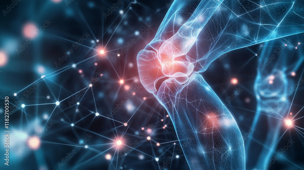 Hologram joint pain. Joint pain made of polygons, triangles, dots, and ...