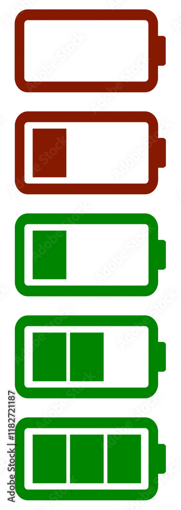 Five battery level indicators shown in ascending order from empty to ...