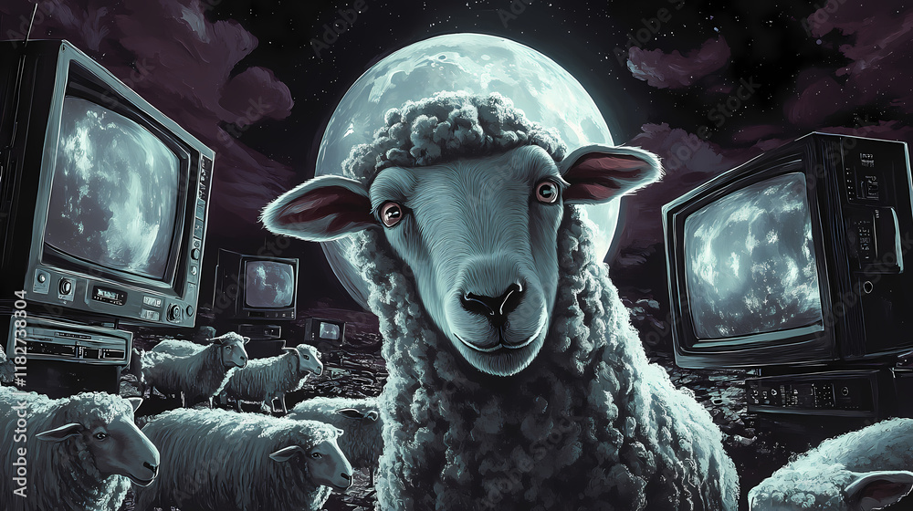 Sheep with tv screens, brain addicted to social media, manipulation and ...