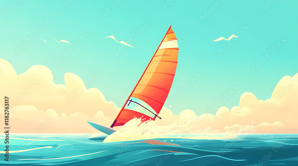 Windsurfing sport flat design side view coastal breeze animation ...