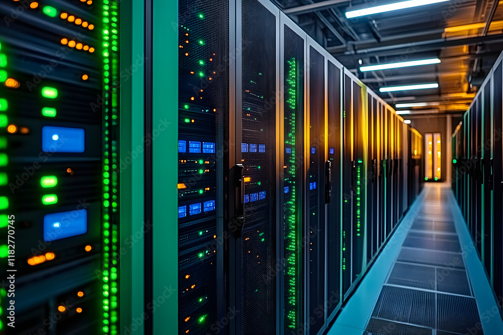 A high-tech data center is depicted in a stock photo with a server room ...
