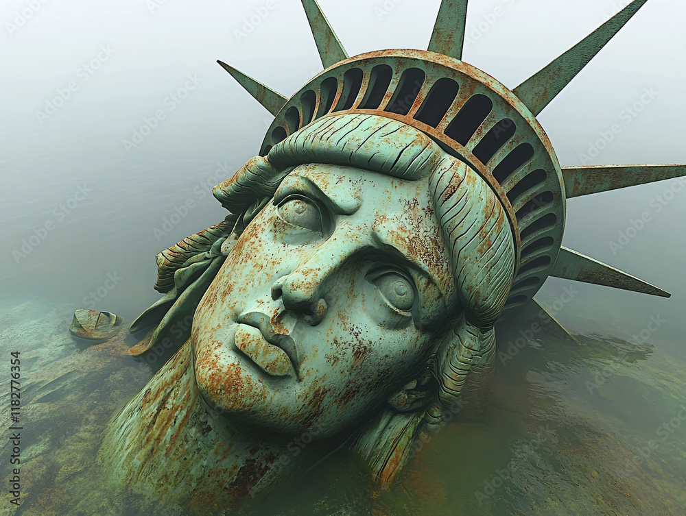 Decaying Statue Liberty Partially Submerged Misty Water Rusted Relic ...