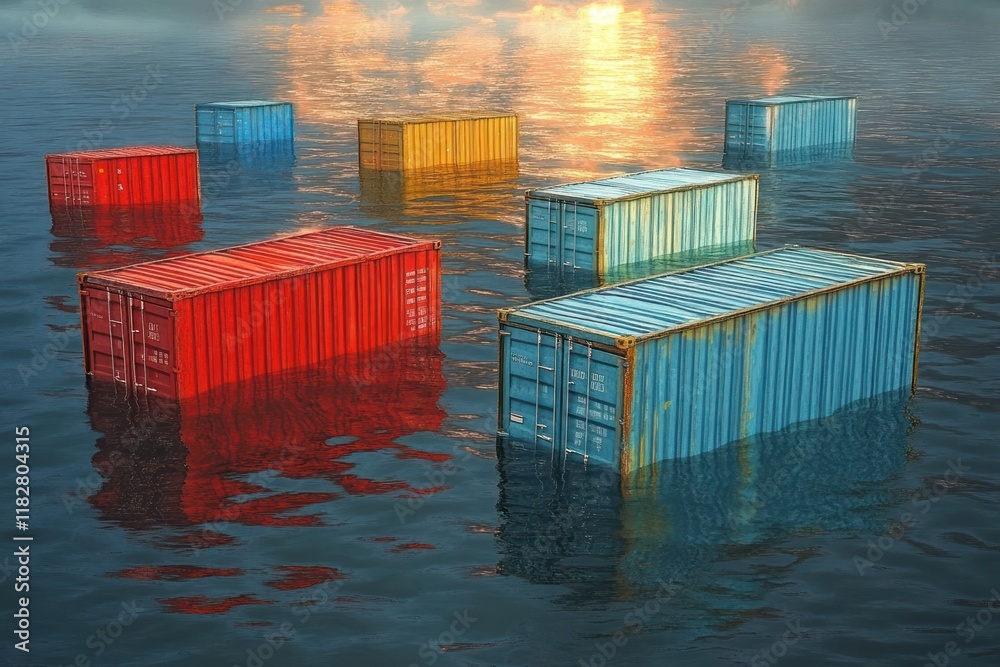Shipping Container Floating in Calm Water Surrealism Cargo Lost in Sea ...