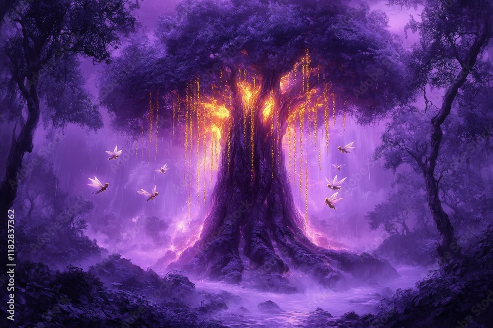 Enchanted Forest: Glowing Tree of Light and Mystical Sprites Stock ...