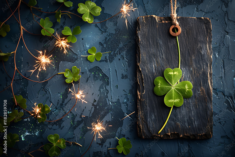 new year celebration, wooden slate with a four-leaf clover design and ...