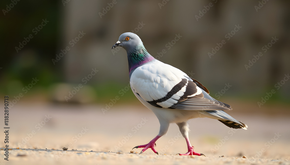 full body of speed racing pigeon bird standing outdoor, Side lit ...