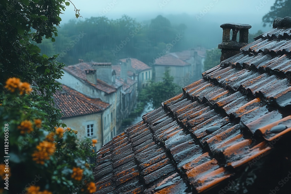 atmospheric rainy scene capturing raindrops dancing on duplex rooftop ...
