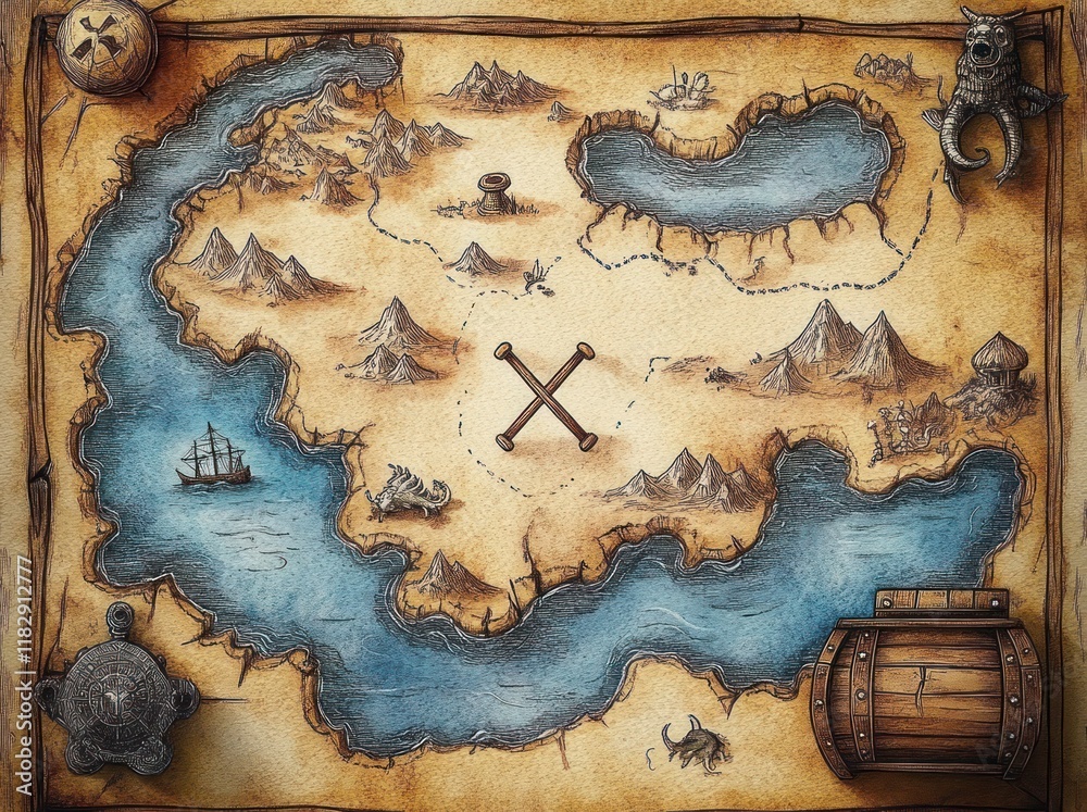 Vintage Treasure Map Adventure Illustration with Islands and Sea ...