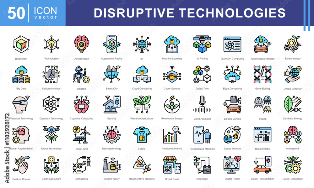 Disruptive Technologies icon set with ai, innovation, blockchain ...