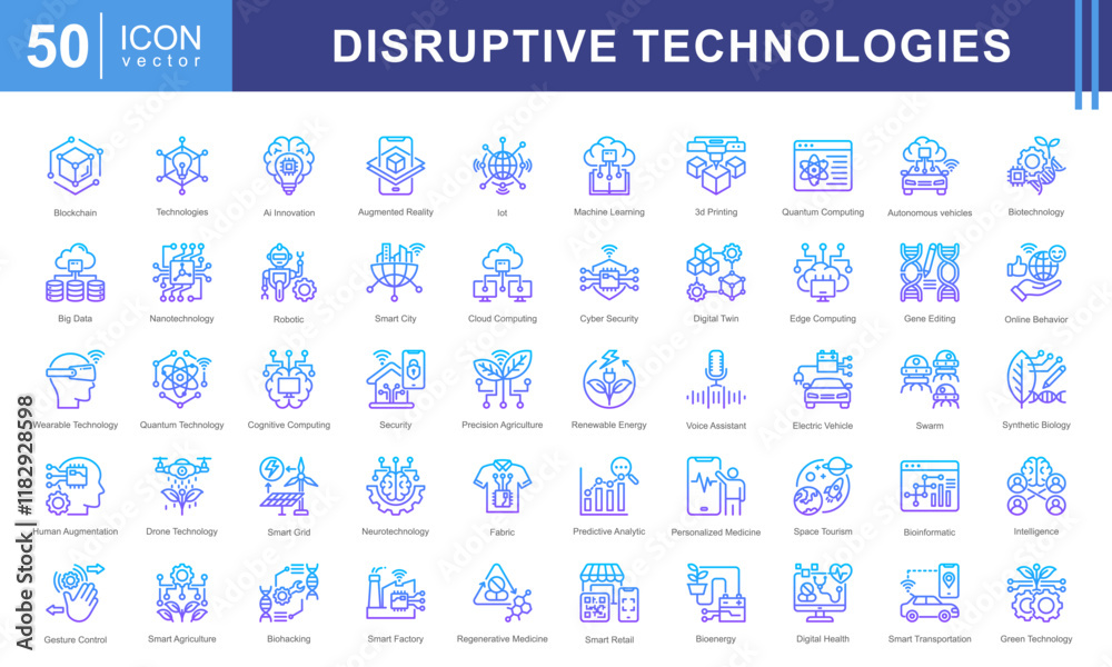 Disruptive Technologies icon set with ai, innovation, blockchain ...
