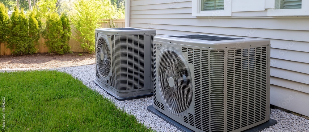 Outdoor Air Conditioning Units Installed on Gravel Bed Next to House ...