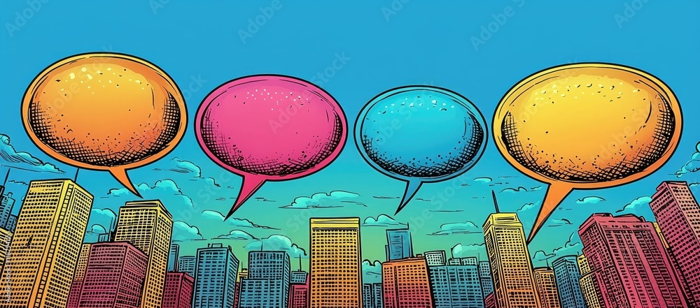 Colorful Speech Bubbles Above City Skyline Stock Illustration | Adobe Stock
