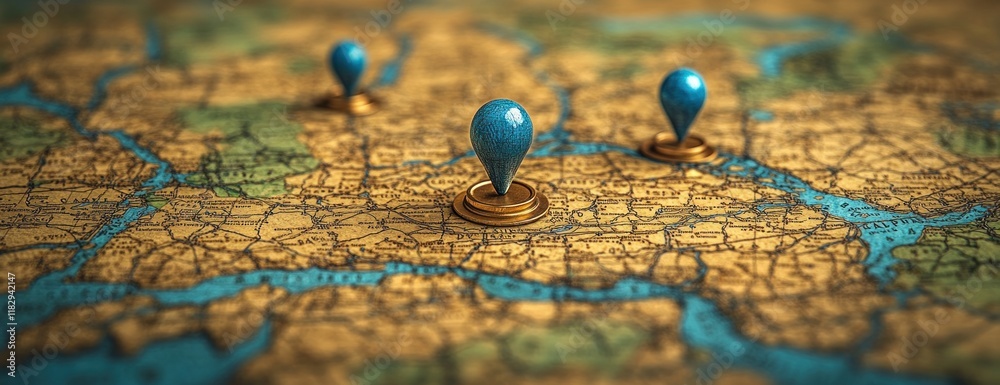 Adventure Map with Blue Pins Exploring Travel Locations and Routes in ...