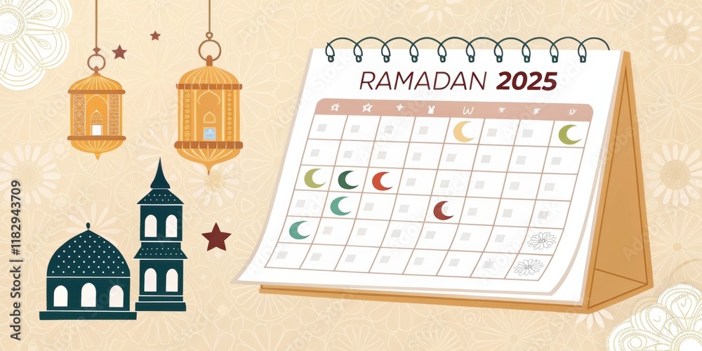2025 islamic calendar with ramadan dates and iconic lanterns on beige ...